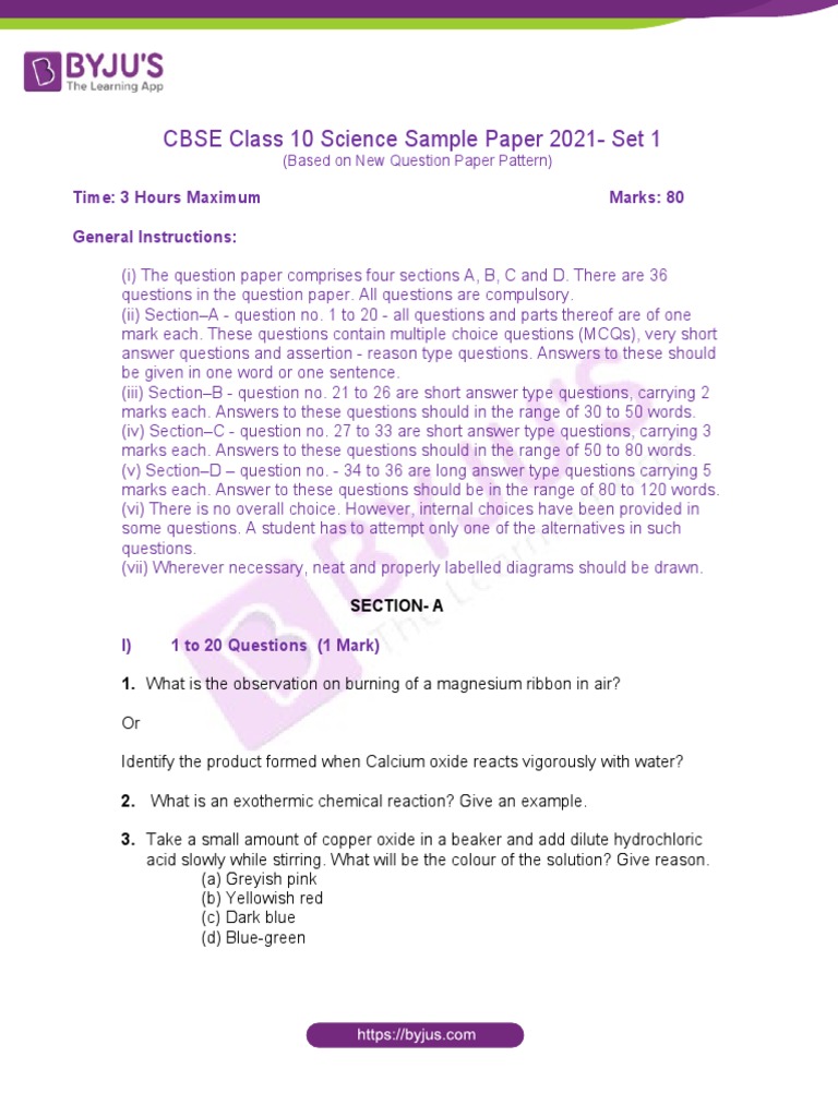CBSE Class 10 Science Model Paper 2021 Pattern | PDF | Refraction ...