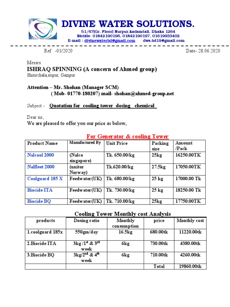 Quotation of Generator Cooling Tower Chemical | PDF