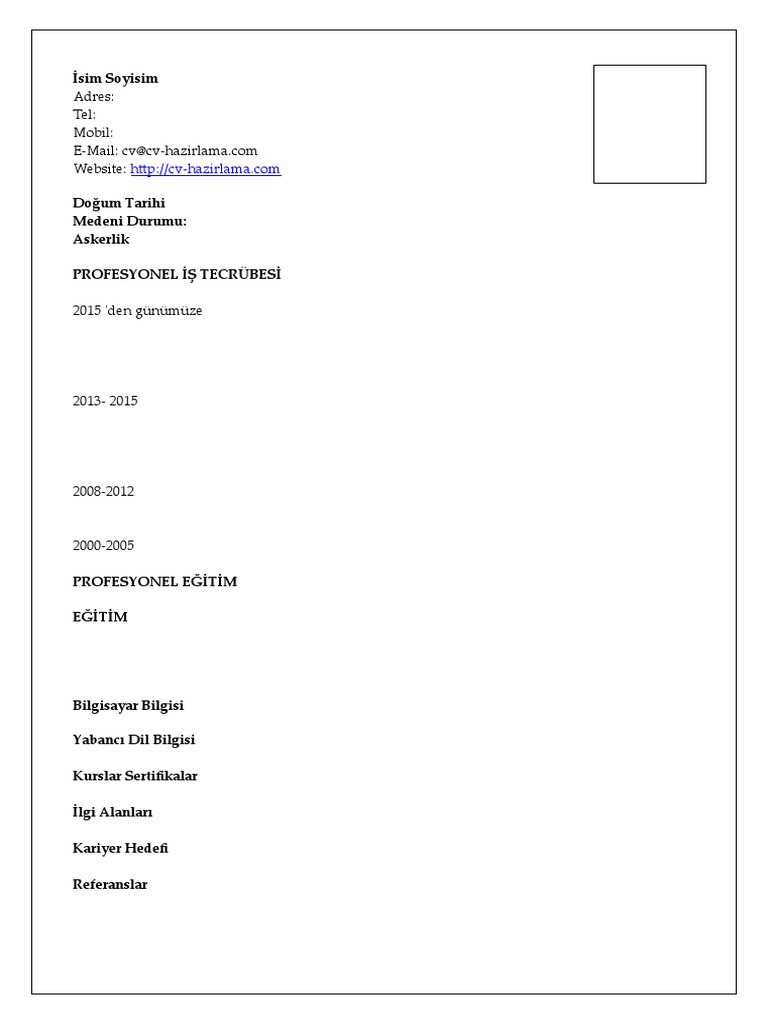 Bos CV Fotografli Bos CV Ornekleri CV Hazırlama Ornek CV Com | PDF