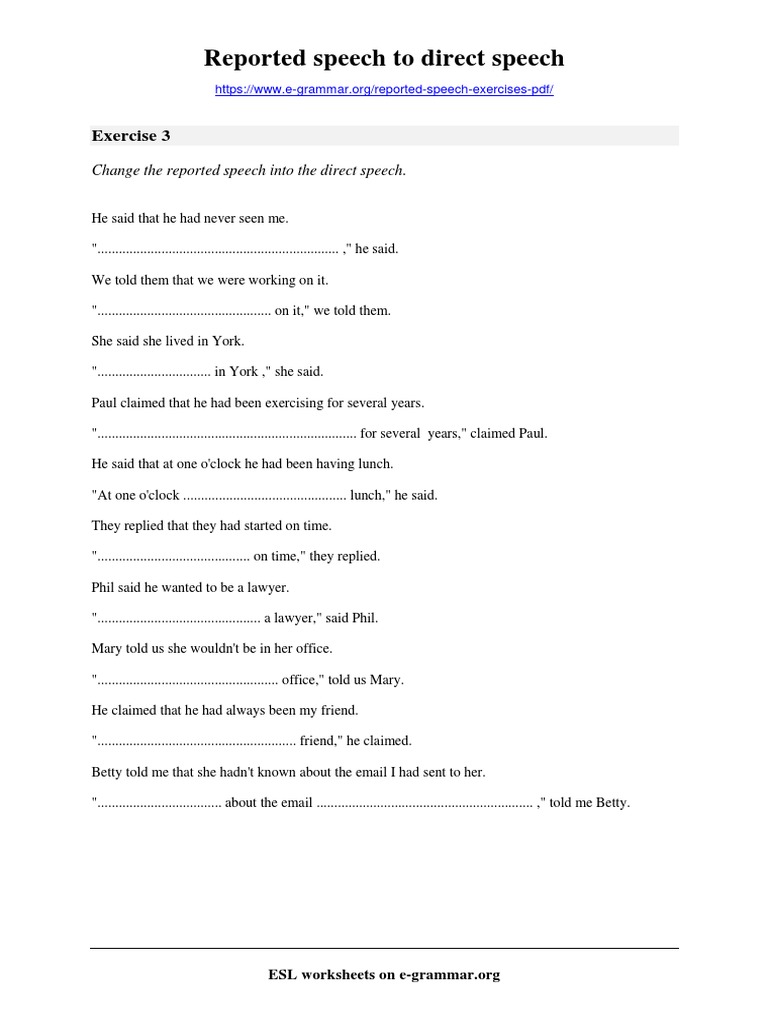 Reported Speech To Direct Speech: Exercise 3 | PDF