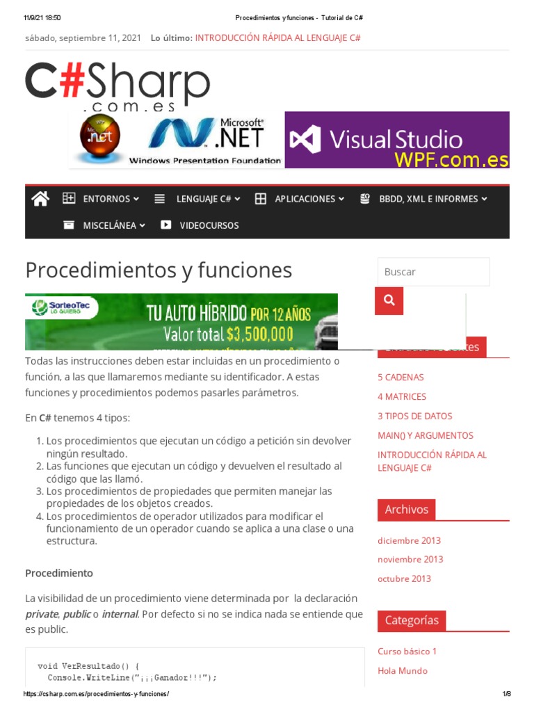Procedimientos y Funciones - Tutorial de C# | PDF | C Sharp (lenguaje de programación) | C ...