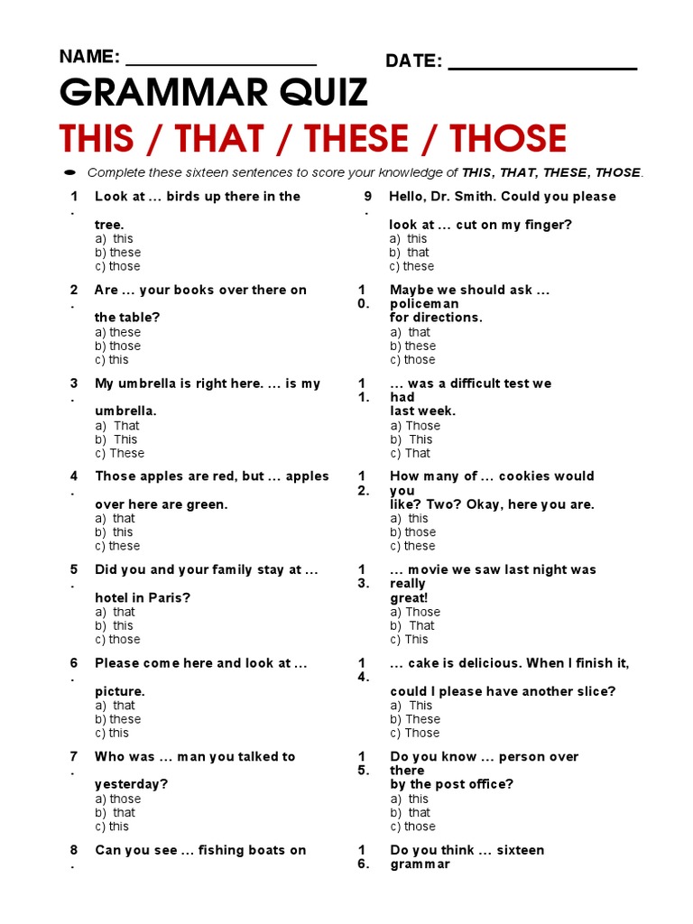This / That / These / Those: Grammar Quiz | PDF