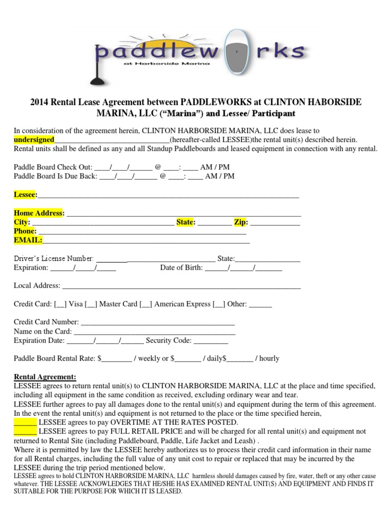 2014 Rental Lease Agreement Between PADDLEWORKS at CLINTON HABORSIDE ...