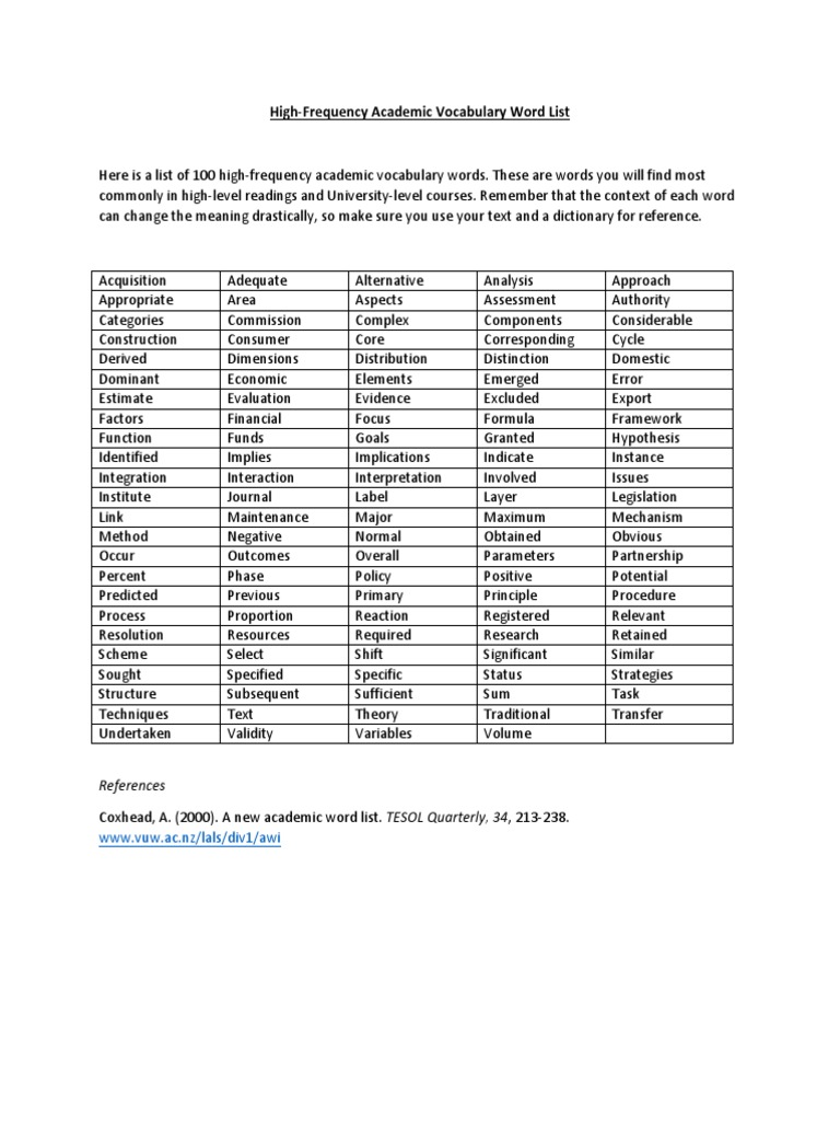 100 High Frequency - Academic.vocabulary - Word.list | Download Free ...
