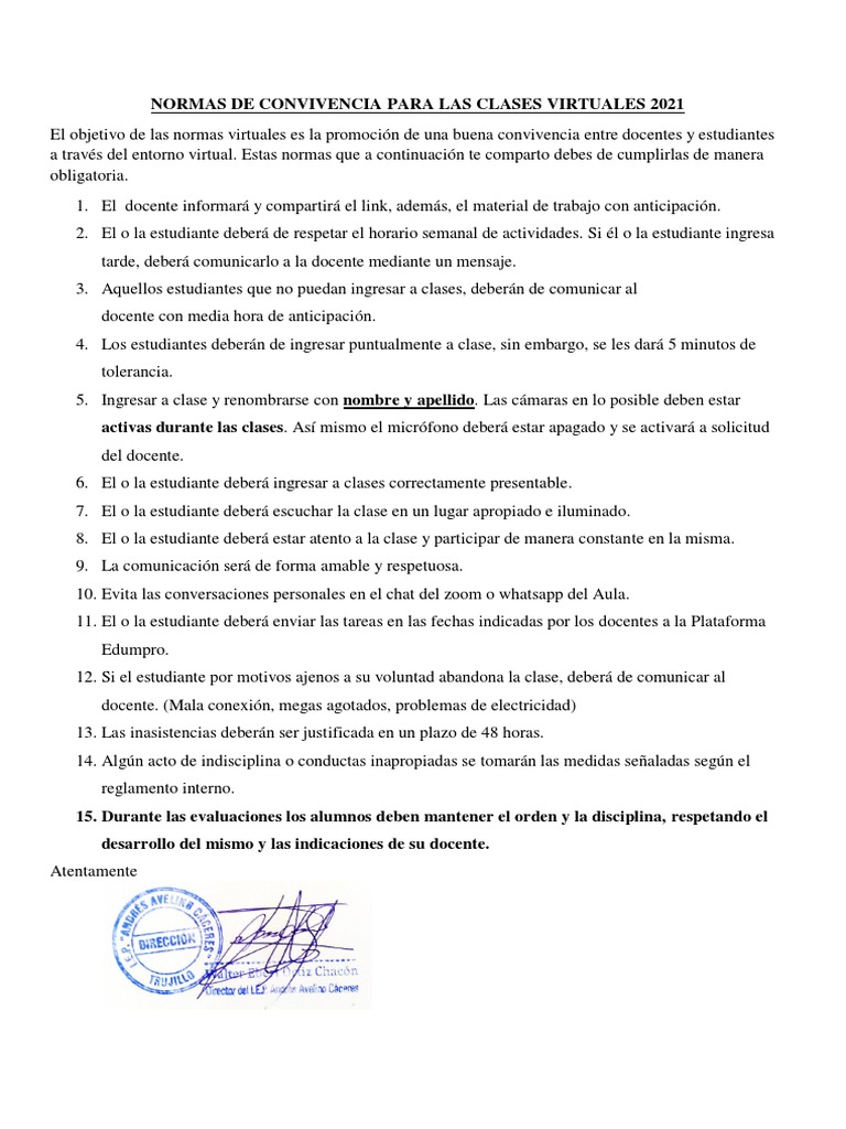 Normas de Convivencia para Las Clases Virtuales 2021 | PDF