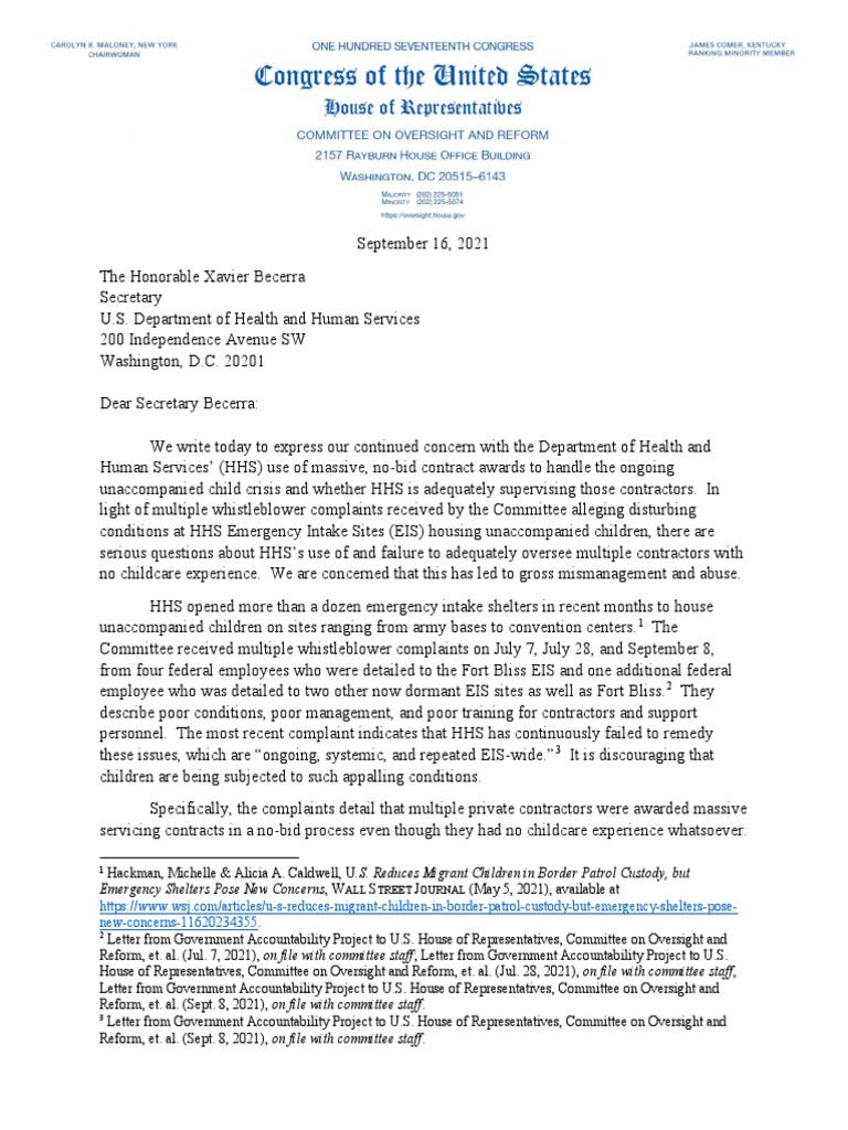 9.16 Oversight Letter To HHS Re Whistleblower Complaints | PDF | United ...