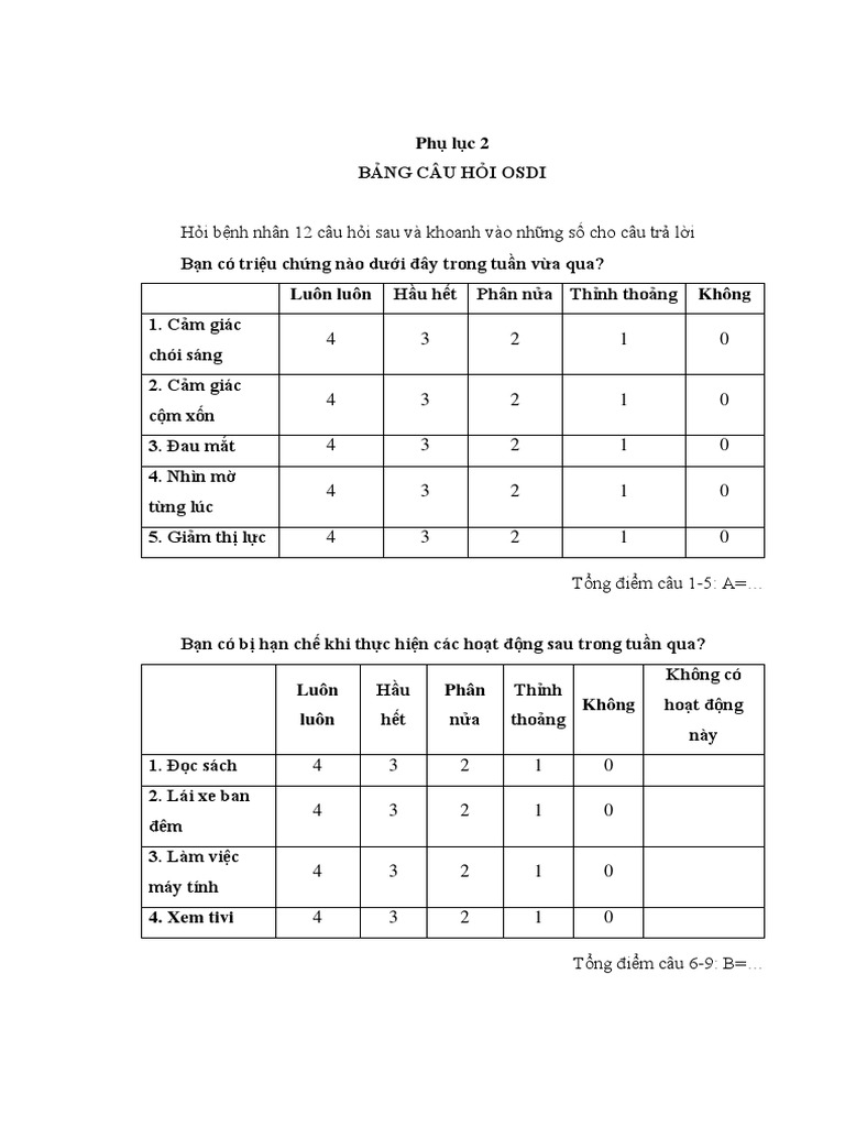 BẢNG CÂU HỎI OSDI | PDF
