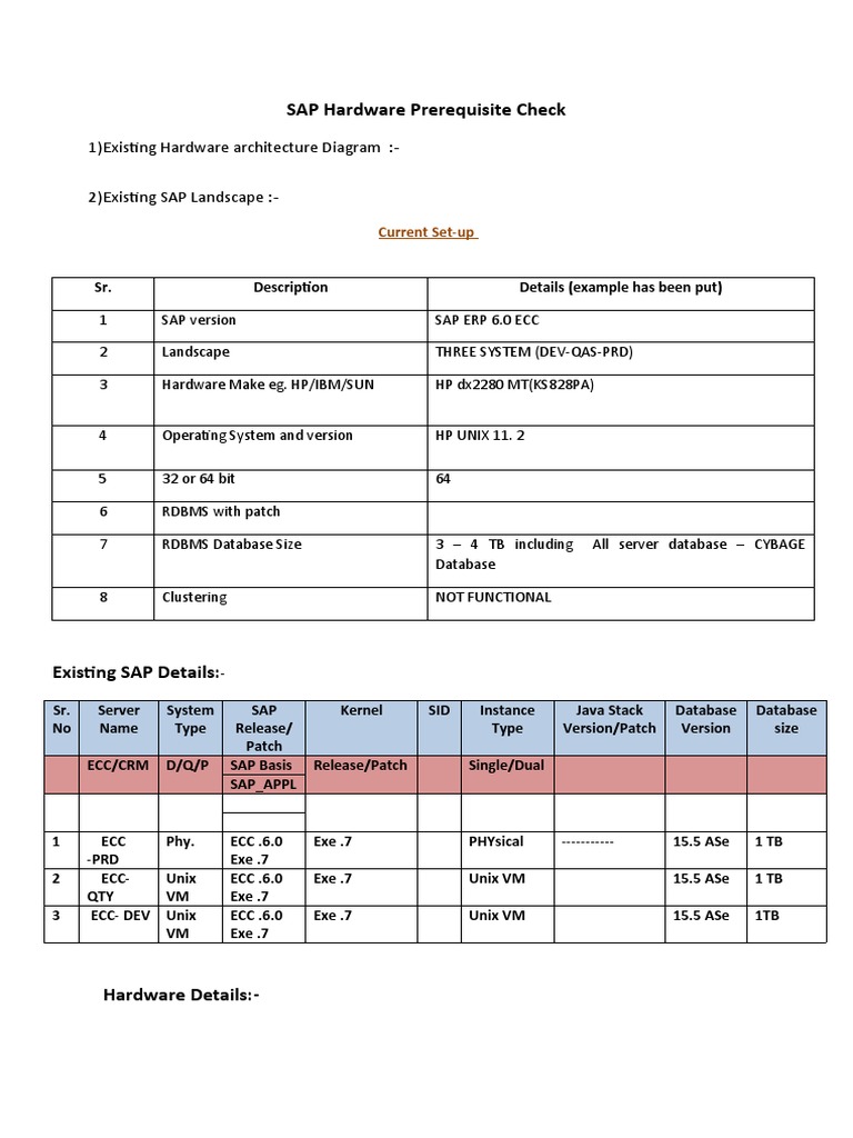 SAP Hardware Prerequisite Check: 1) Existing Hardware Architecture Diagram | Download Free PDF ...