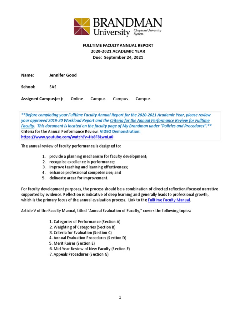 Good Fulltime Faculty Annual Report 2020 2021 Final Draft | PDF ...