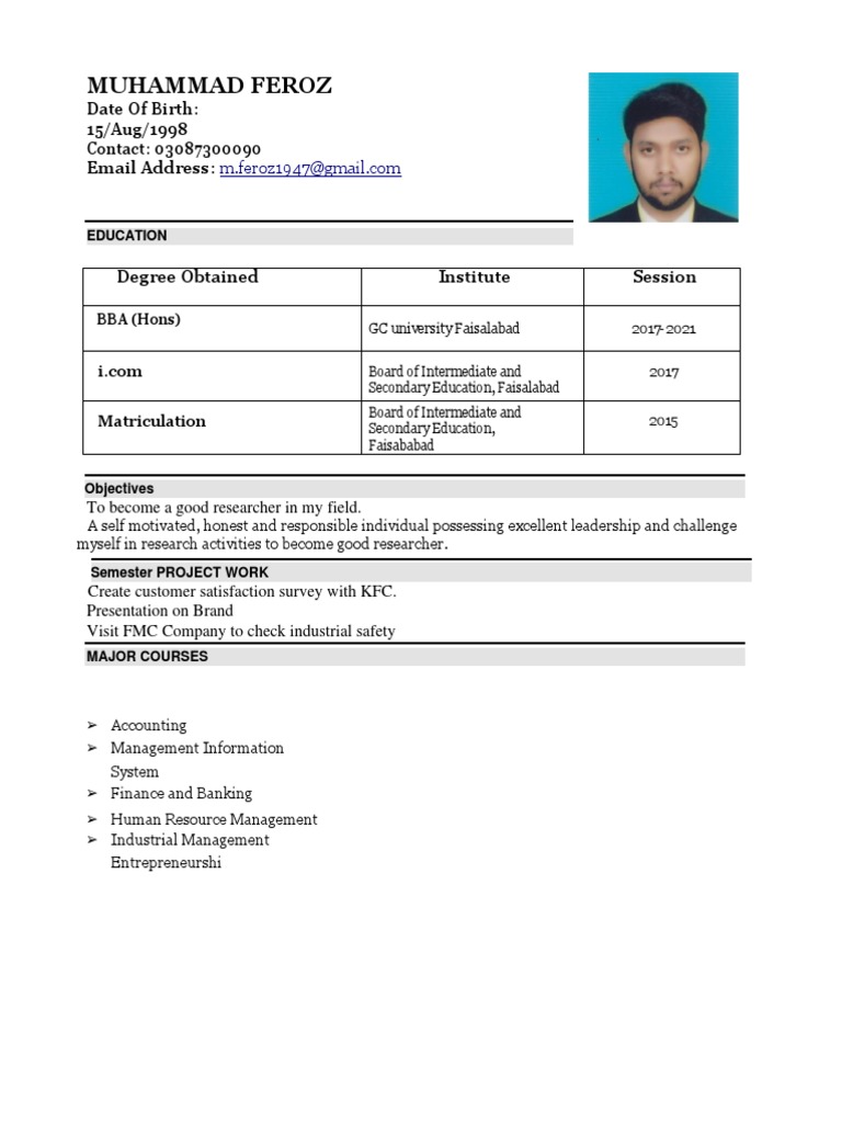 Muhammad Feroz: Date of Birth: 15/aug/1998 Contact: 03087300090 Email Address | PDF