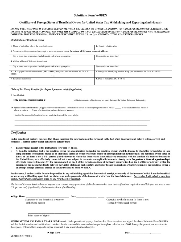 Substitute Form W-8BEN Overview | PDF | Irs Tax Forms | Tax Treaty