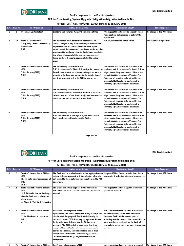 Finacle Pre Bid Queries | Download Free PDF | Liquidated Damages ...