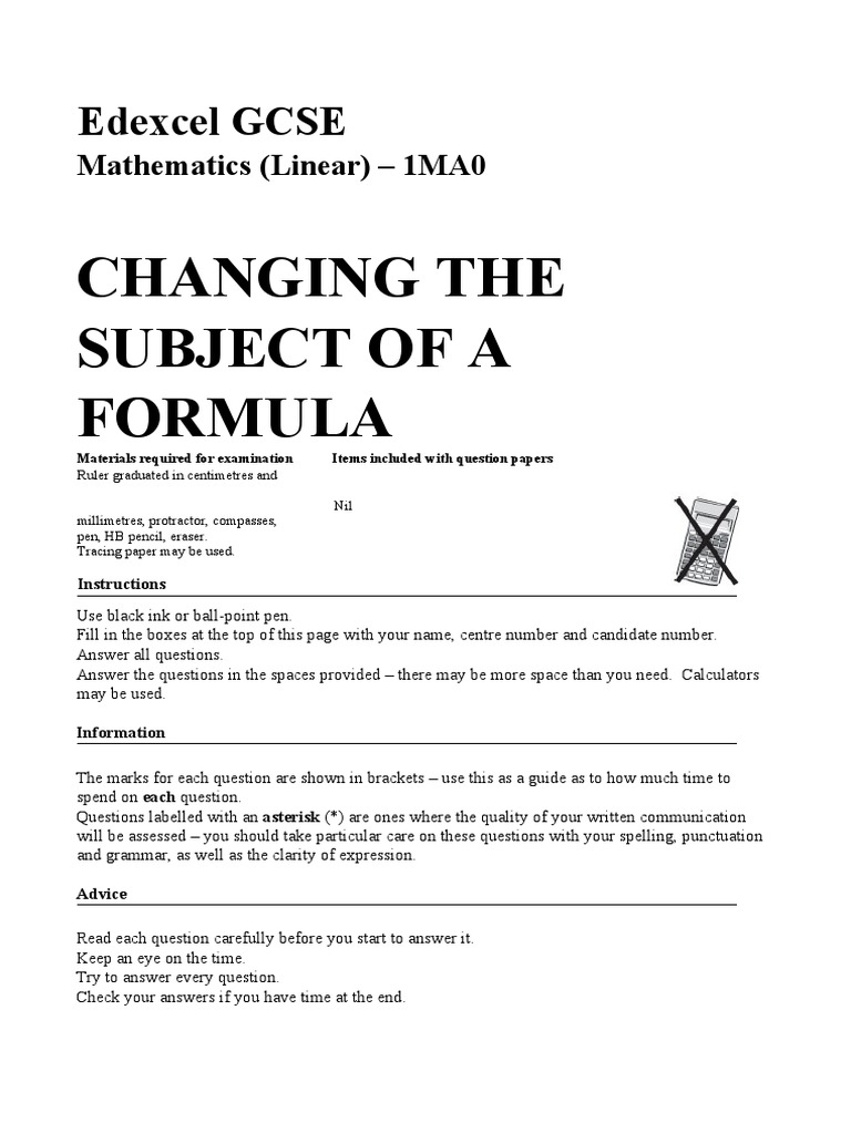 Changing The Subject of A Formula: Edexcel GCSE | PDF | Mathematics
