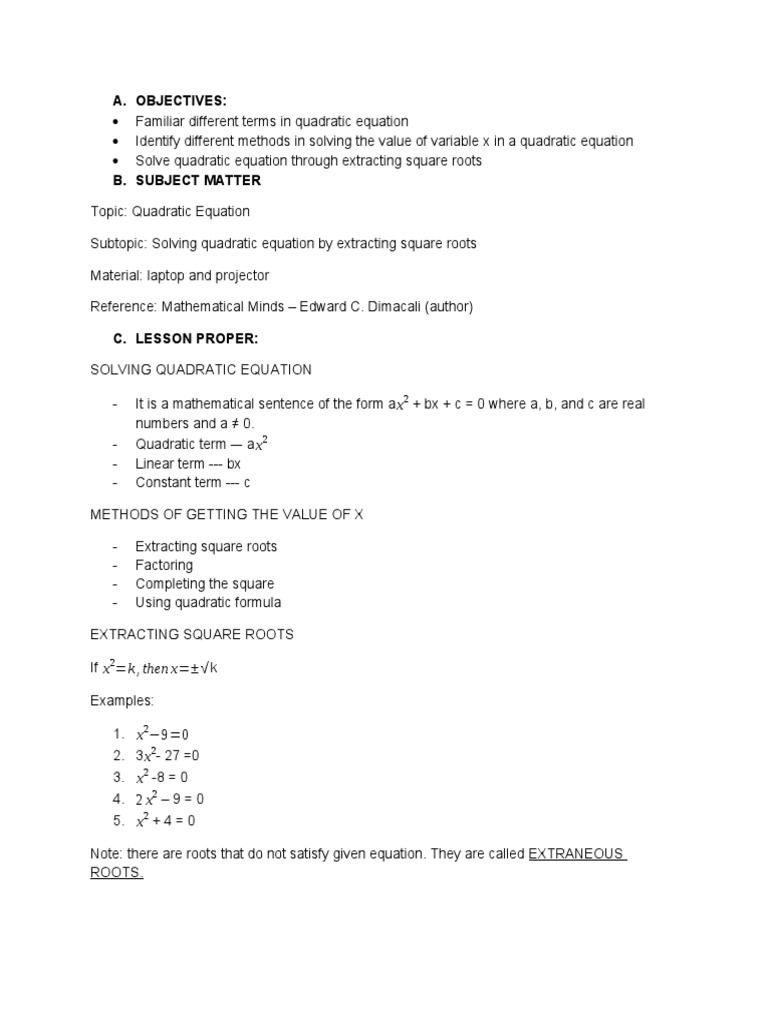 Lesson Plan For Demonstration | PDF | Quadratic Equation | Equations