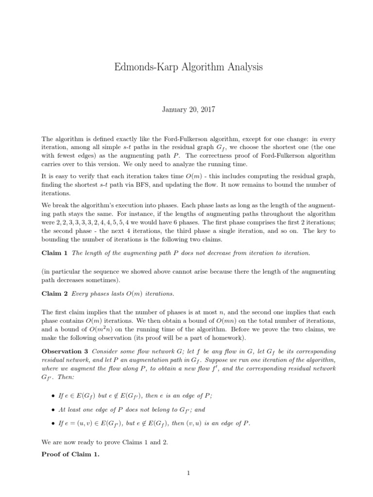 Edmonds Karp Algorithm Analysis January 20 2017 Pdf Vertex Graph Theory Mathematical
