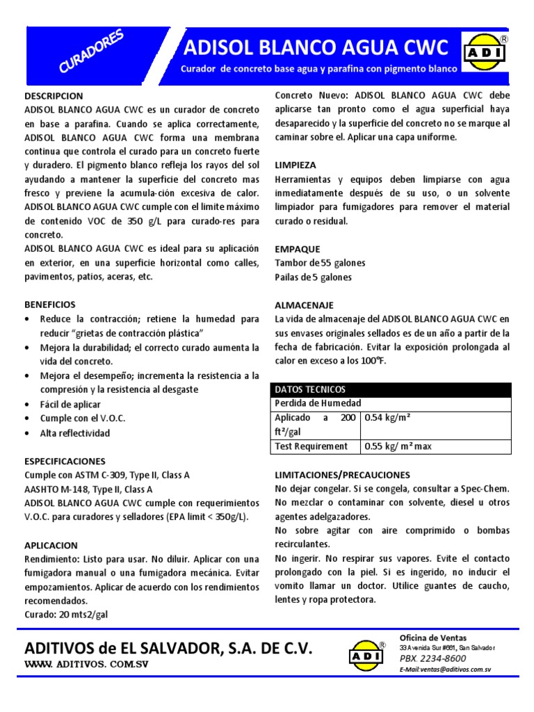 Adi Sol Blanco Agua CWC 10MZ16 | PDF | Hormigón | Agua