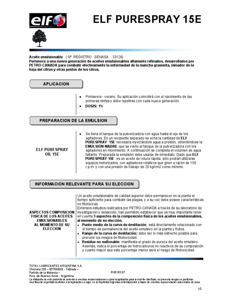 Elf Purespray 15e - Ficha Tecnica | PDF | Destilación | Química