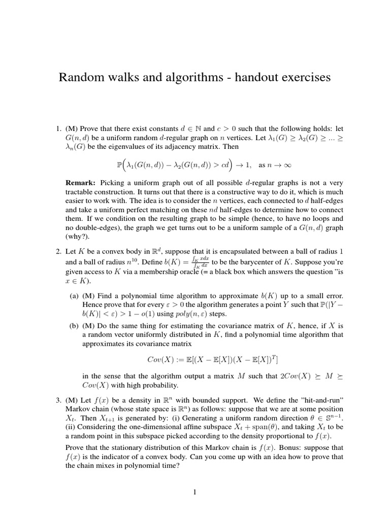 Random Walks and Algorithms - Handout Exercises | Download Free PDF ...