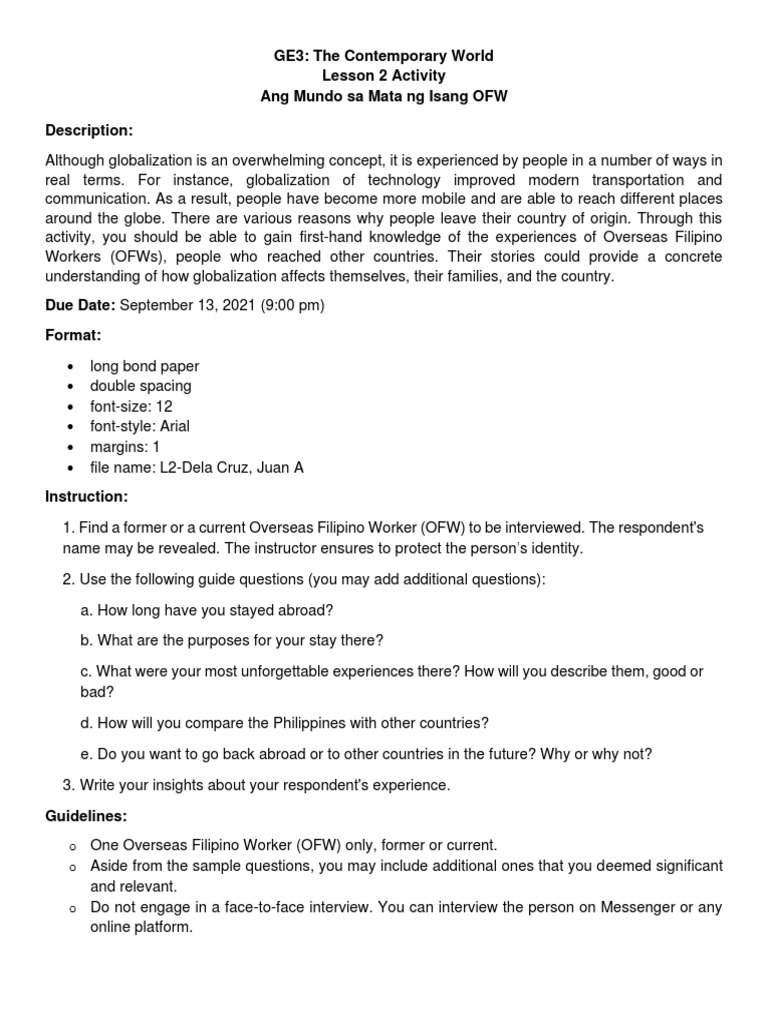 Lesson 2 Activity - Ang Mundo Sa Mata NG Isang OFW | PDF | Writers | Human Communication