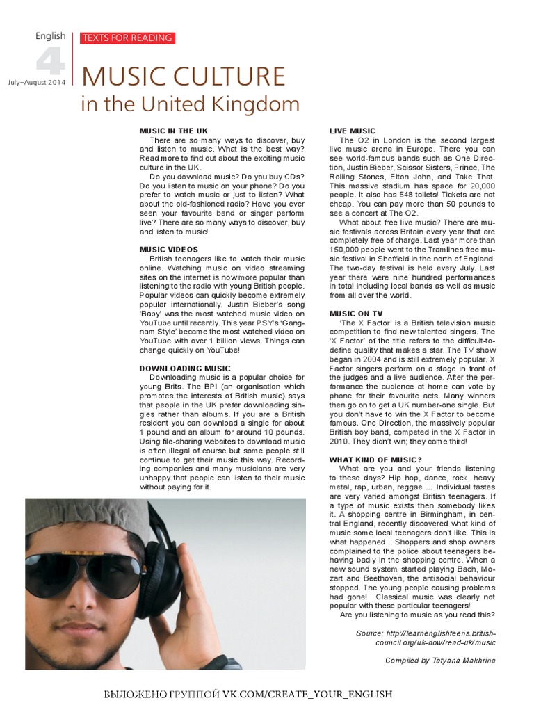 ENGLISH Music Culture in UK Text For Reading | PDF | Learning ...