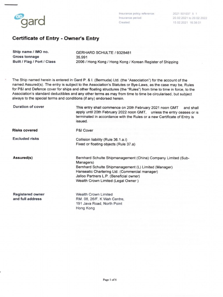 P&I Certificate of Entry | PDF | Common Law | Private Law