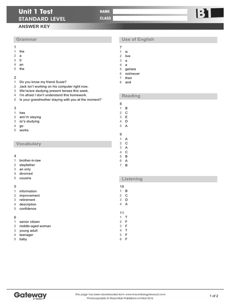 Unit 1 Test Standar Level Answer Key | PDF | Linguistics | Communication