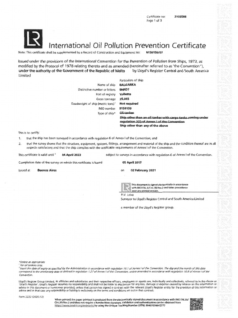 11 International Oil Pollution Prevention (IOPP) & Form A | PDF ...