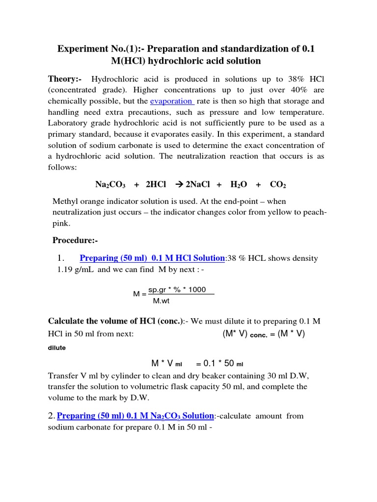 Experiment No. (1) :-Preparation and Standardization of 0.1 M (HCL ...