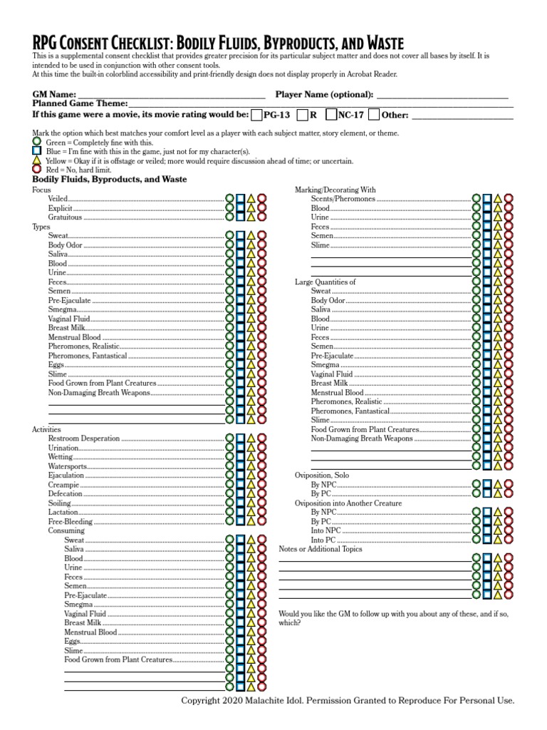 RPG Consent Checklist: Bodily Fluids, Byproducts, and Waste | PDF ...
