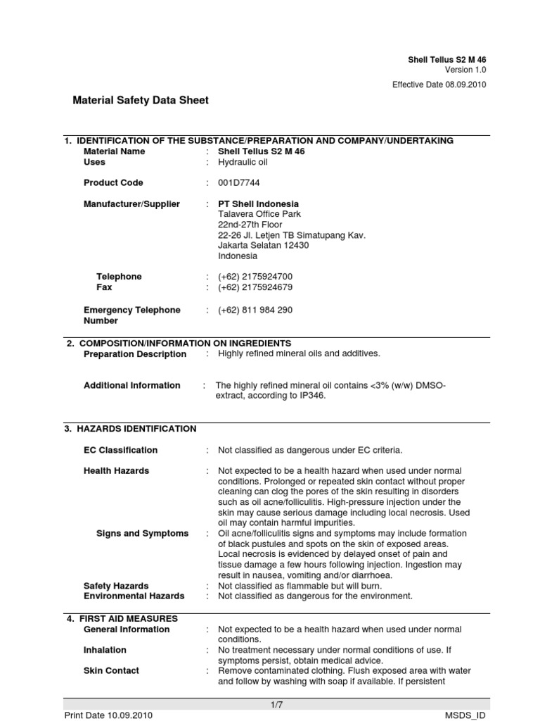 Shell Tellus S2 M 46 MSDS Overview | PDF | Toxicity | Personal ...