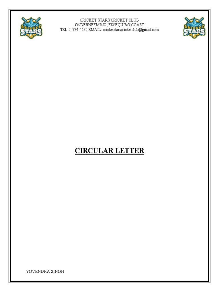 Circular Letter: Cricket Stars Cricket Club Onderneeming, Essequibo ...