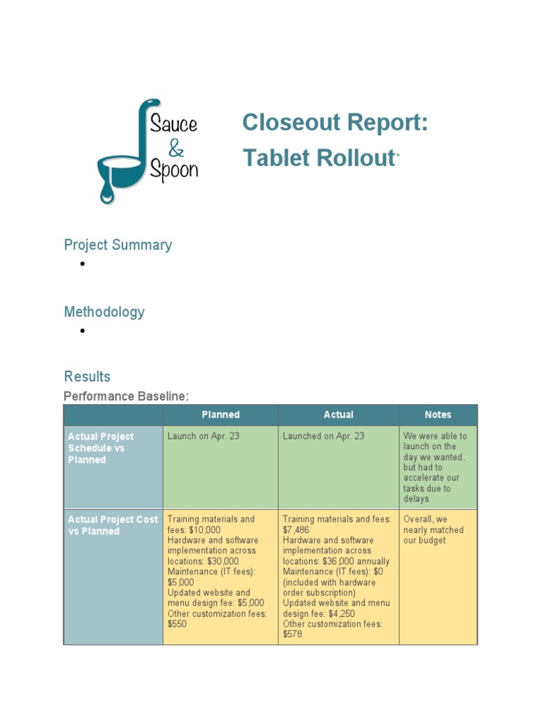 Closeout Report: Tablet Rollout: Project Summary | PDF | Menu ...