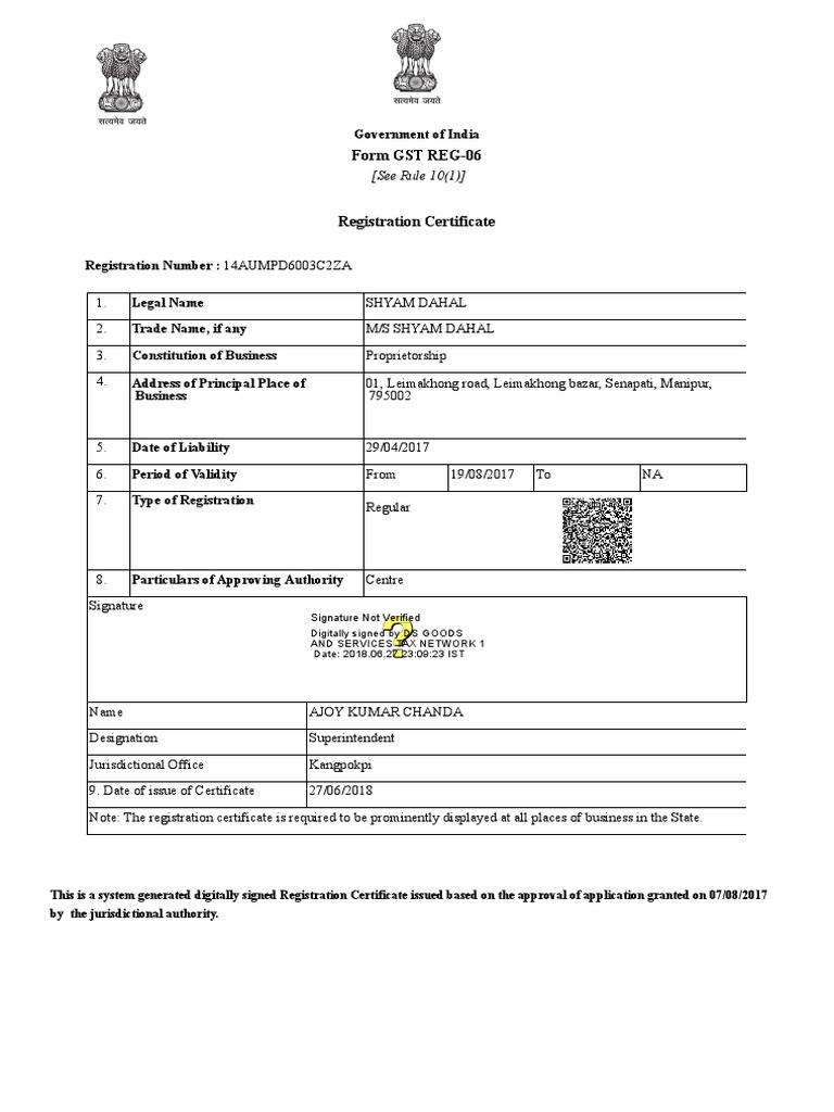 Government of India: Form GST REG-06 | PDF | Sole Proprietorship ...
