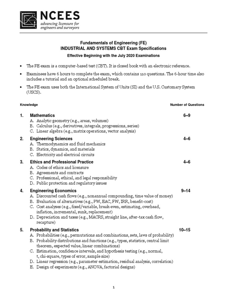 Fundamentals of Engineering (FE) INDUSTRIAL AND SYSTEMS CBT Exam ...