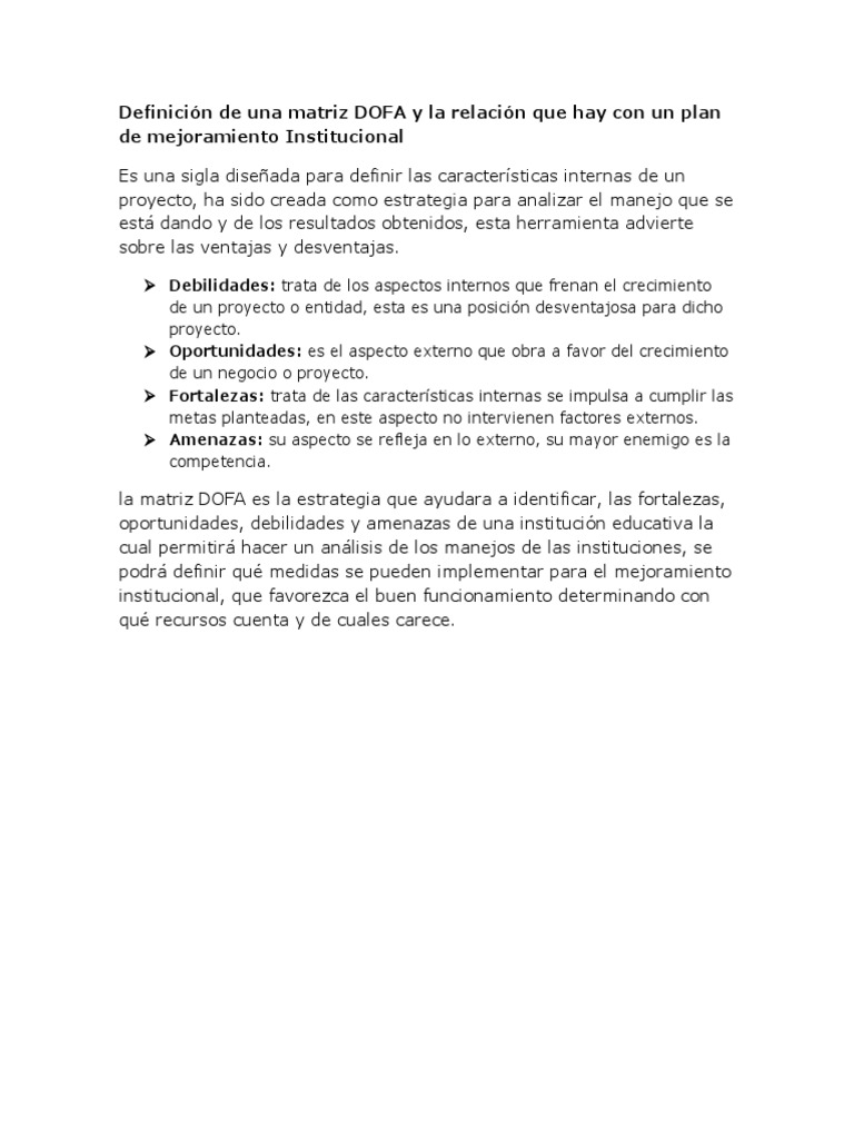 Definición de Una Matriz DOFA y La Relación Que Hay Con Un Plan de ...