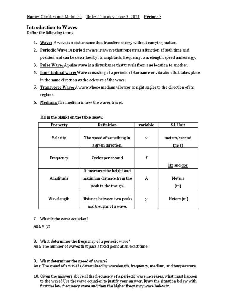 Wave Intro Worksheet | PDF | Waves | Frequency