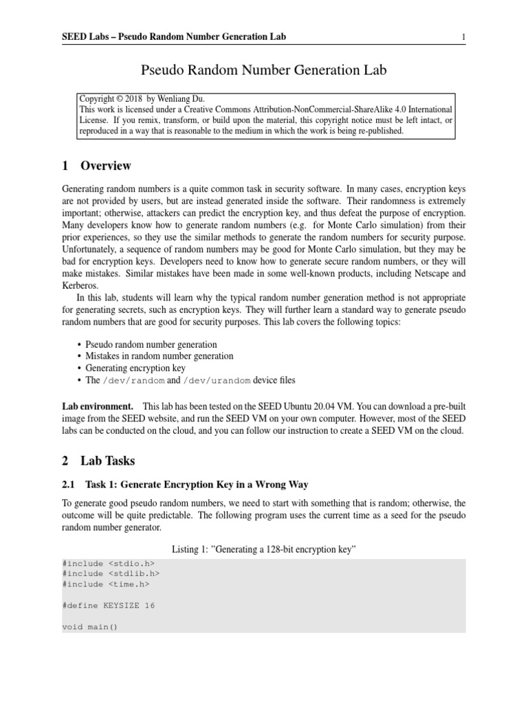 Pseudo Random Number Generation Lab: 2.1 Task 1: Generate Encryption Key in A Wrong Way | PDF ...