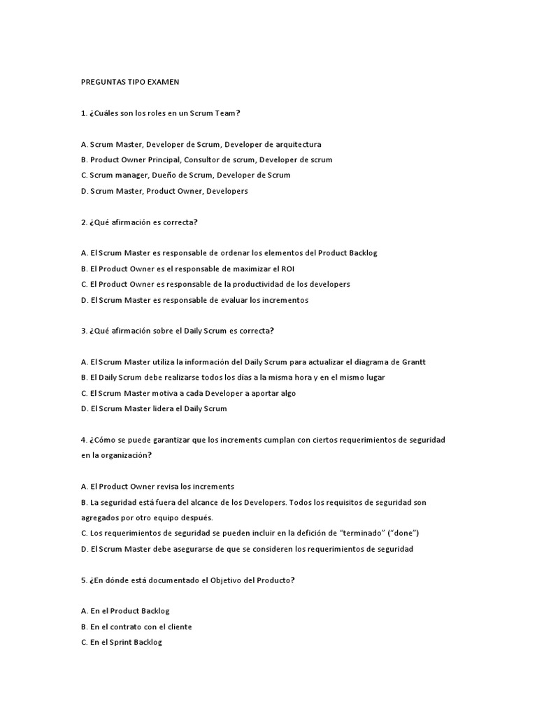 Preguntas Tipo Examen Scrum | PDF | Scrum (desarrollo de software)
