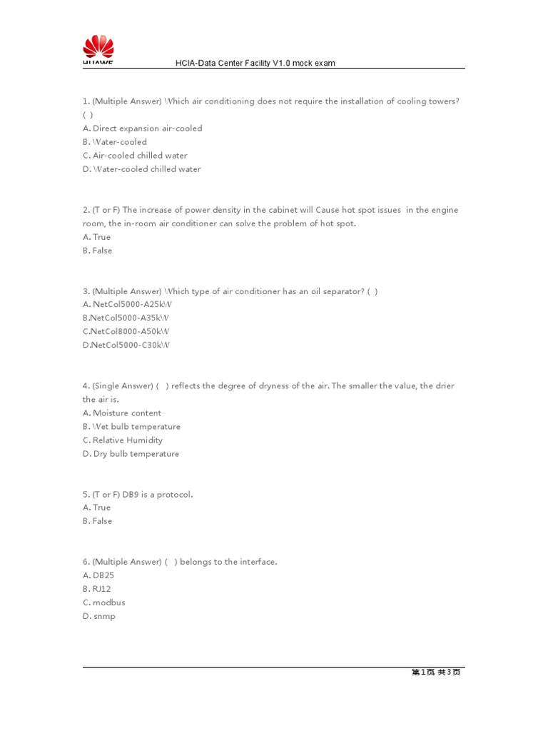 HCIA-Data Center Facility V1.0 Mock Exam | PDF | Power Supply | Air Conditioning
