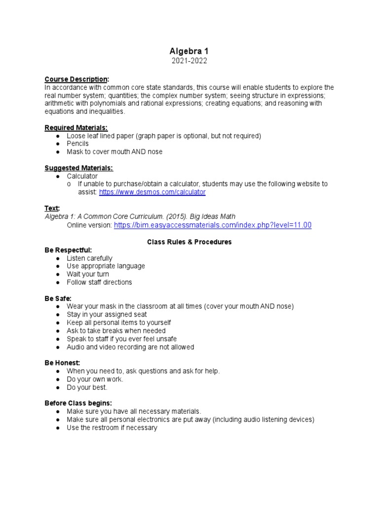 Algebra 1 Syllabus 2021-2022 | PDF | Algebra | Numbers