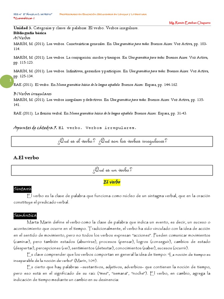 Apuntes De Cátedra 5 El Verbo Verbos Irregulares Pdf Verbo