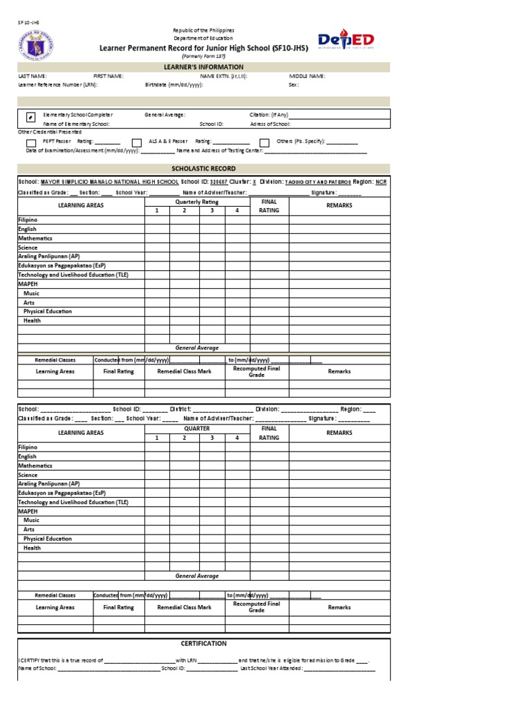Learner Permanent Record For Junior High School (SF10-JHS) | PDF | Behavior Modification