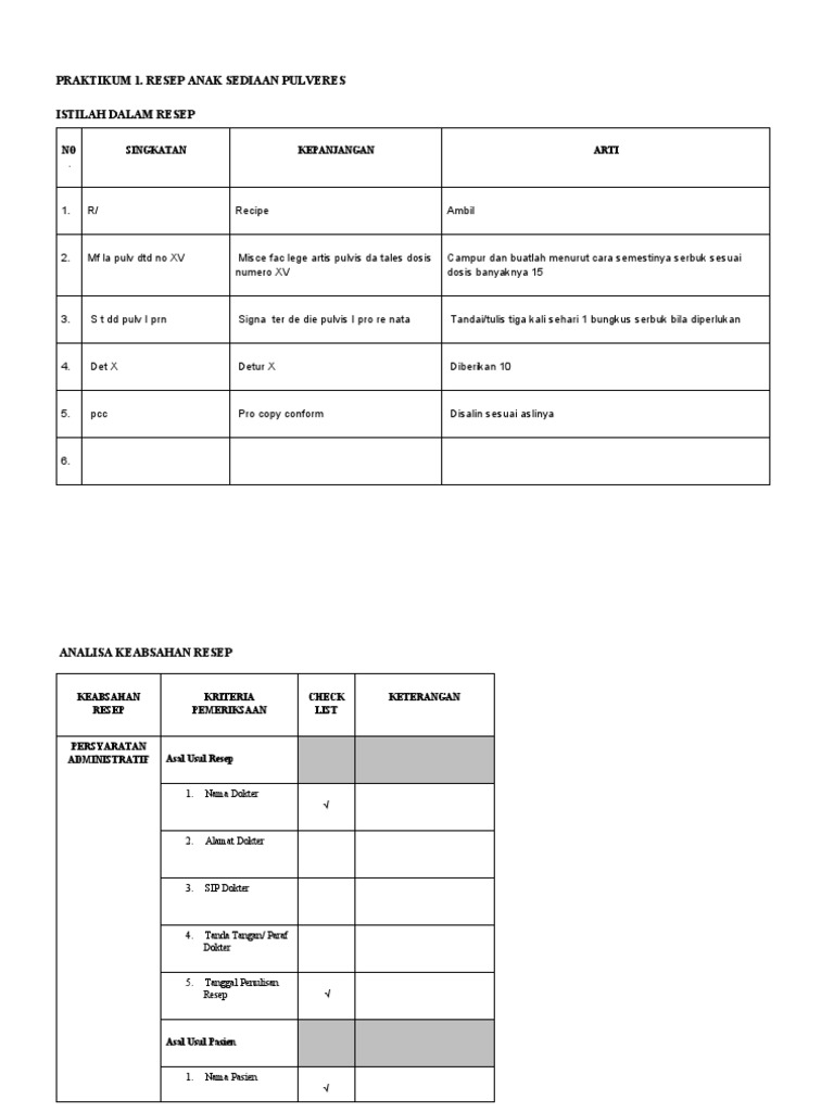 Praktikum 1. Resep Anak Sediaan Pulveres | PDF