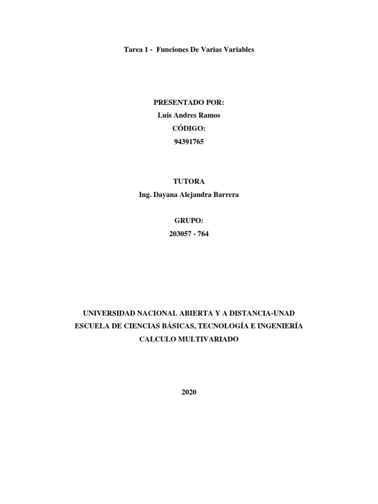 Tarea 1-Funciones de Varias Variables - Luis Andrës Ramos Grupo 202057-30 | PDF | Vector ...