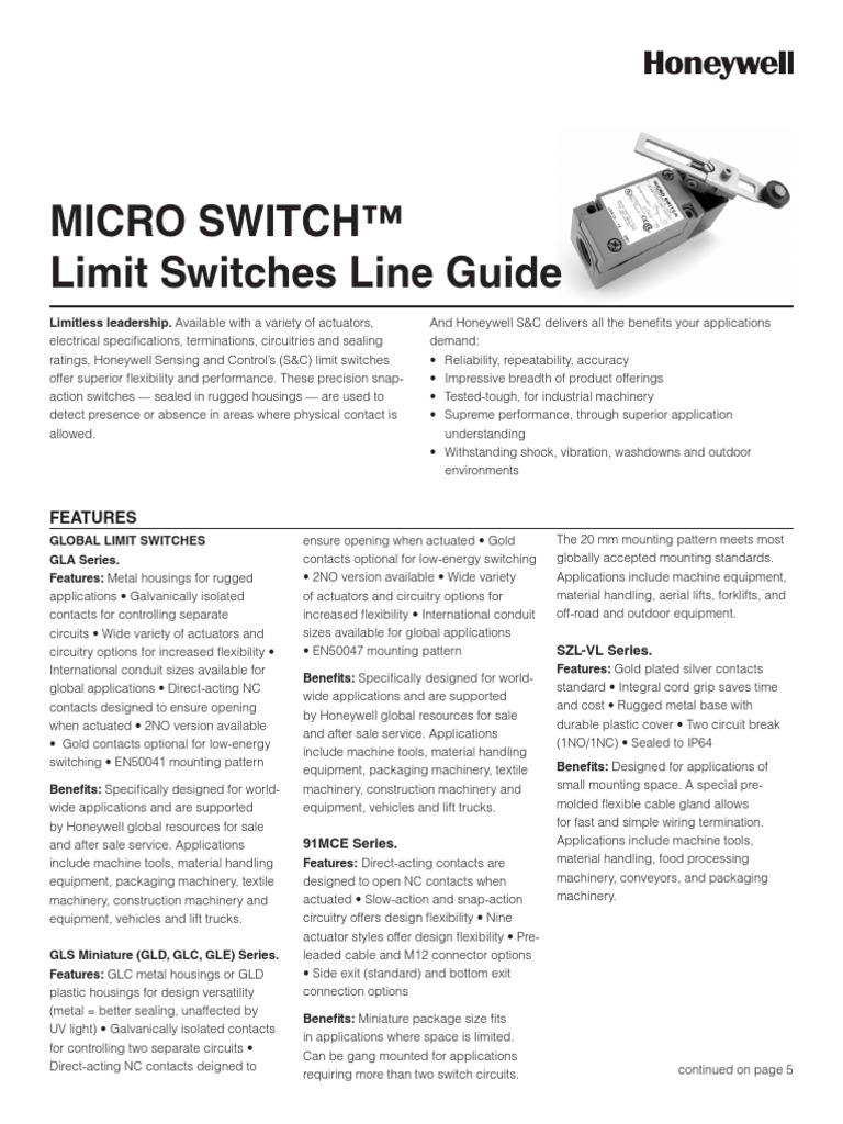 Micro Switch™ Limit Switches Line Guide: Features | PDF | Switch ...