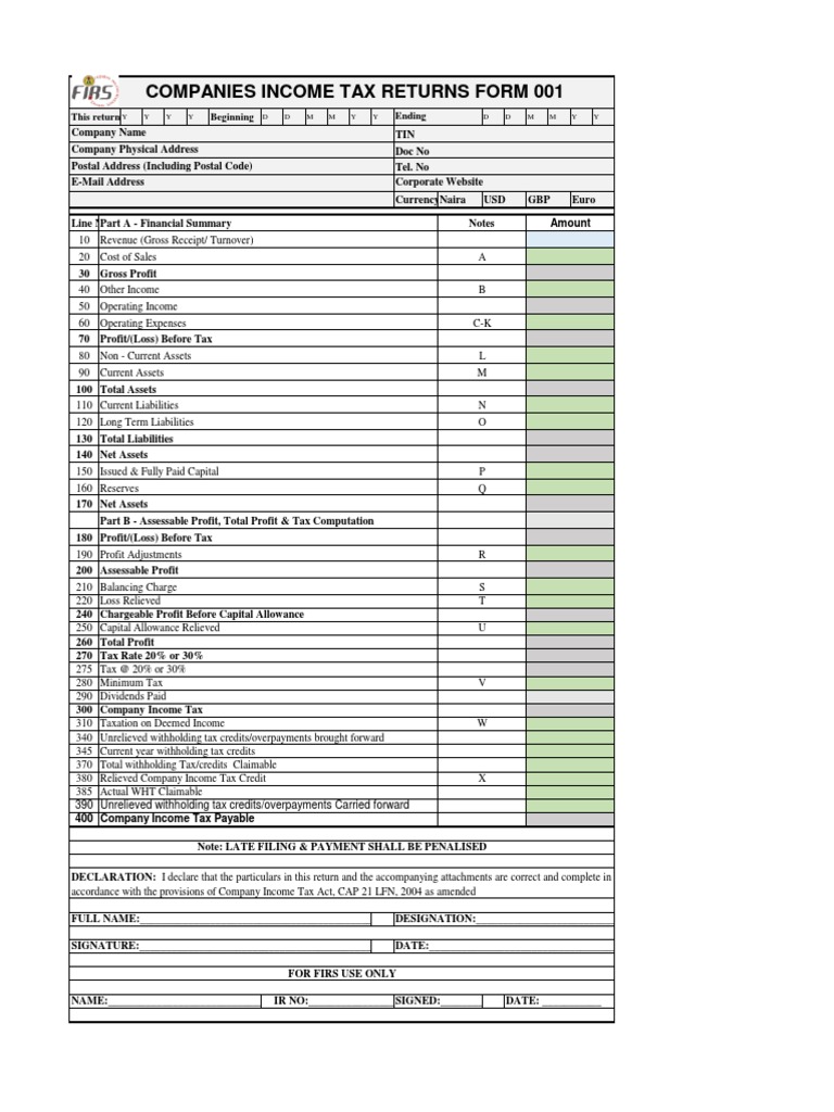 Companies Income Tax Returns Form 001: This Returns Covers Beginning ...