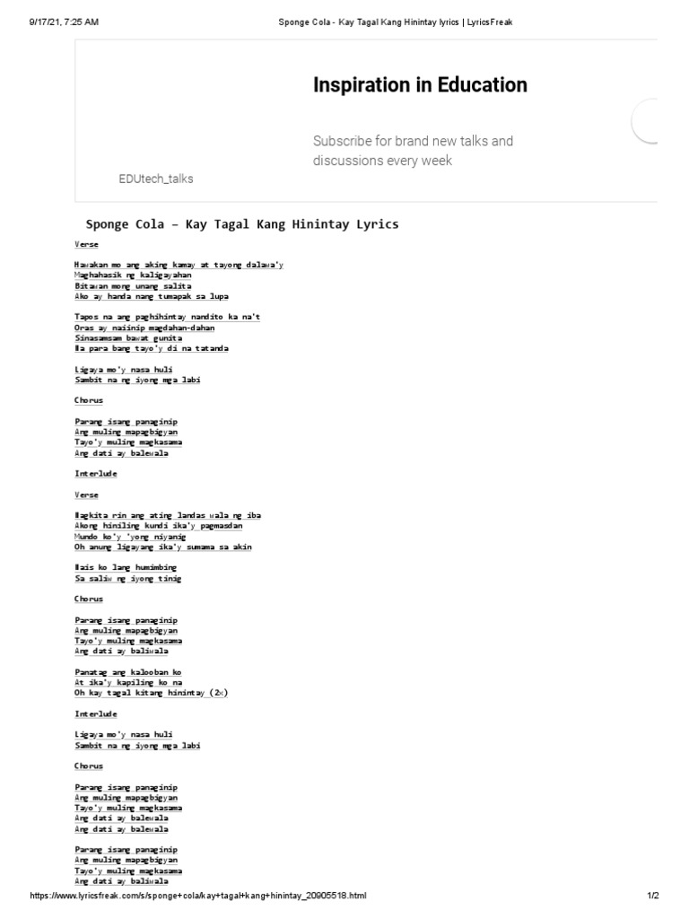 Sponge Cola - Kay Tagal Kang Hinintay Lyrics - LyricsFreak | PDF