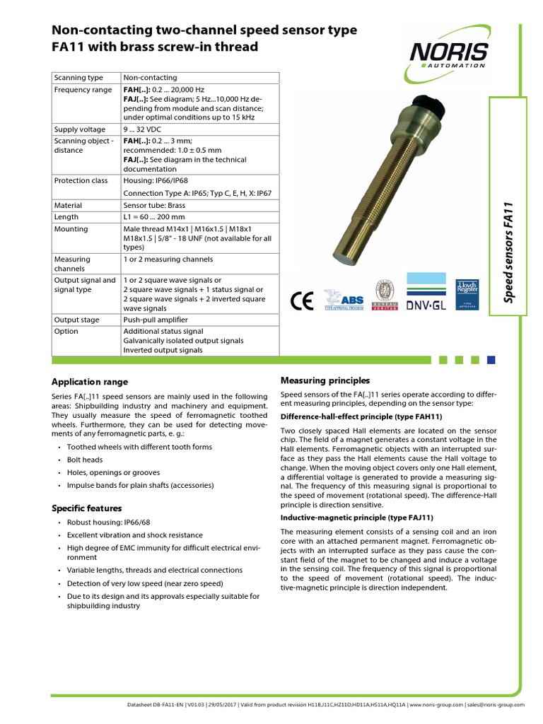Non-Contacting Two-Channel Speed Sensor Type FA11 With Brass Screw-In ...