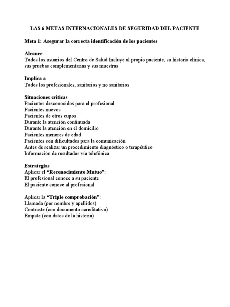 Las 6 Metas Internacionales de Seguridad Del Paciente | PDF | Terapia ...