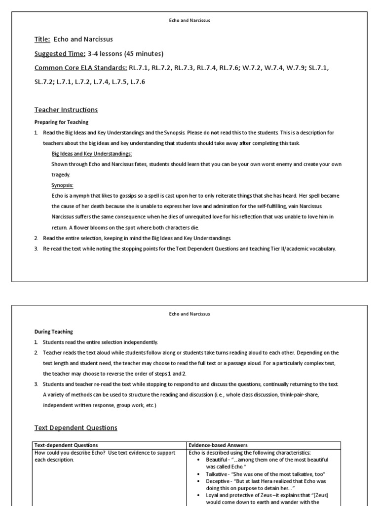 Echo and Narcissus. Lesson - Story | PDF | Hera